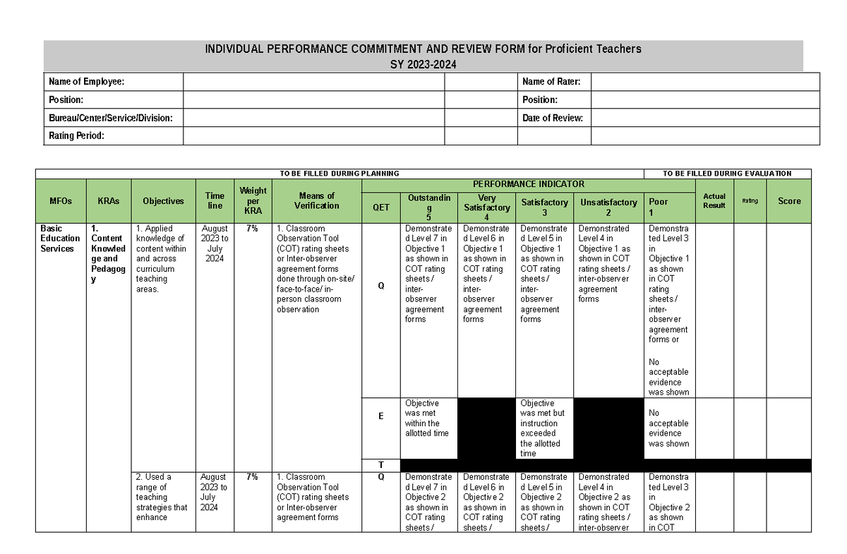 Ipcrf for Proficient Teachers: Review Form SY 2023-2024 - Studocu