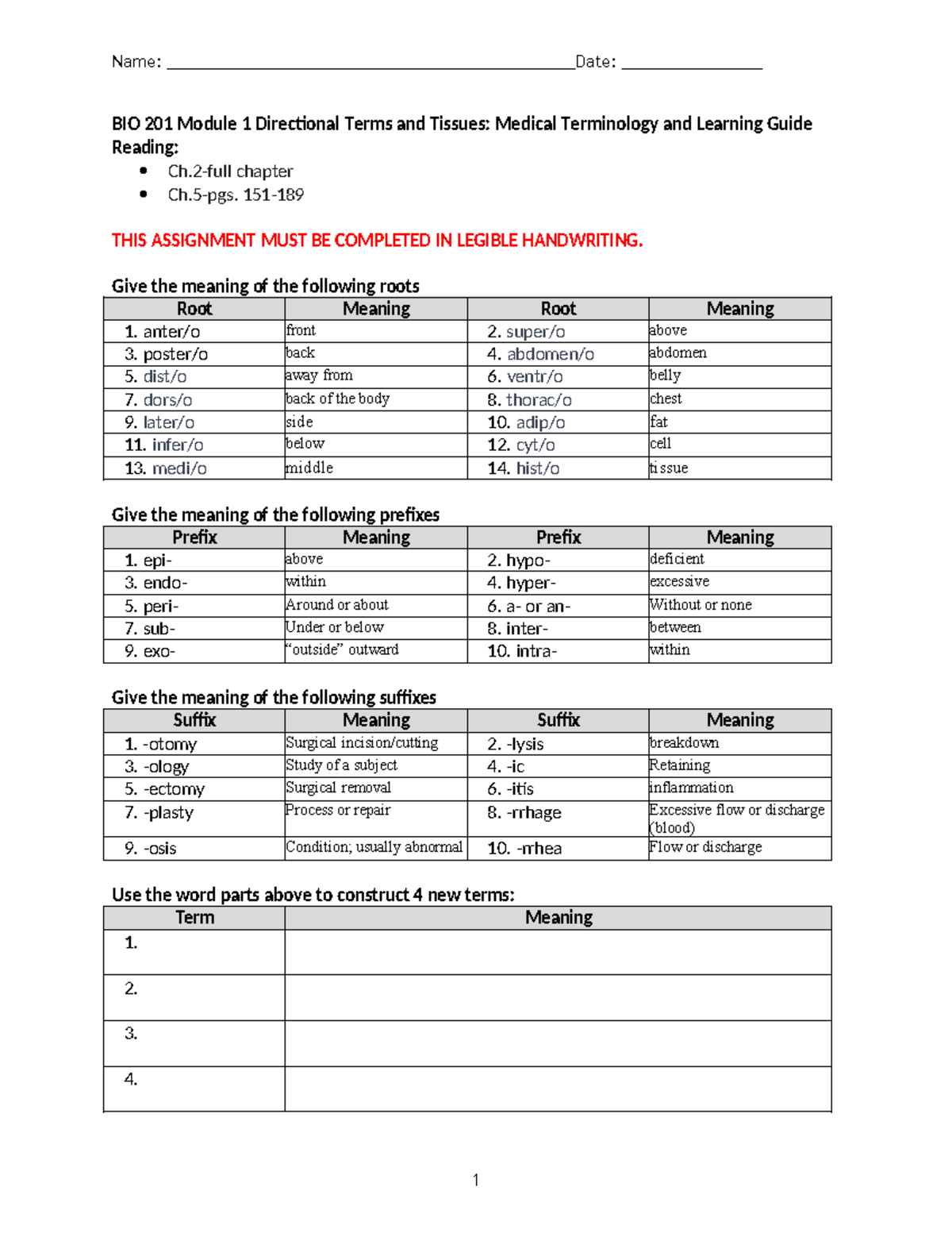BIO 201 Module 1 Learning Guide: Directional Terms & Tissues - Studocu