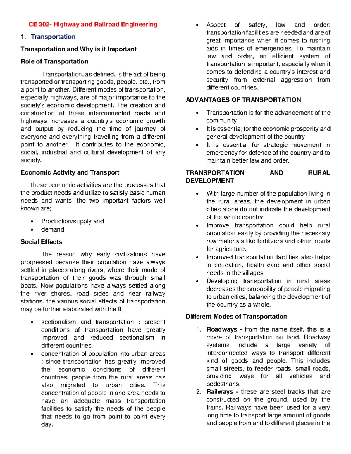 CE 302 - Highway and Railroad Engineering Overview and Insights - Studocu