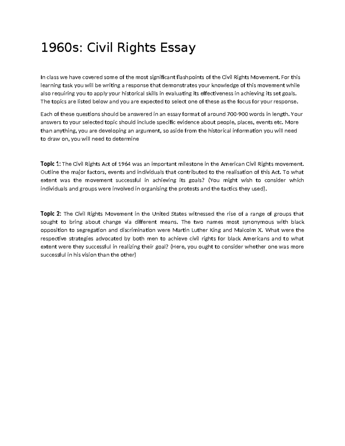 1960s: Civil Rights Movement Essay Topics and Analysis - Studocu