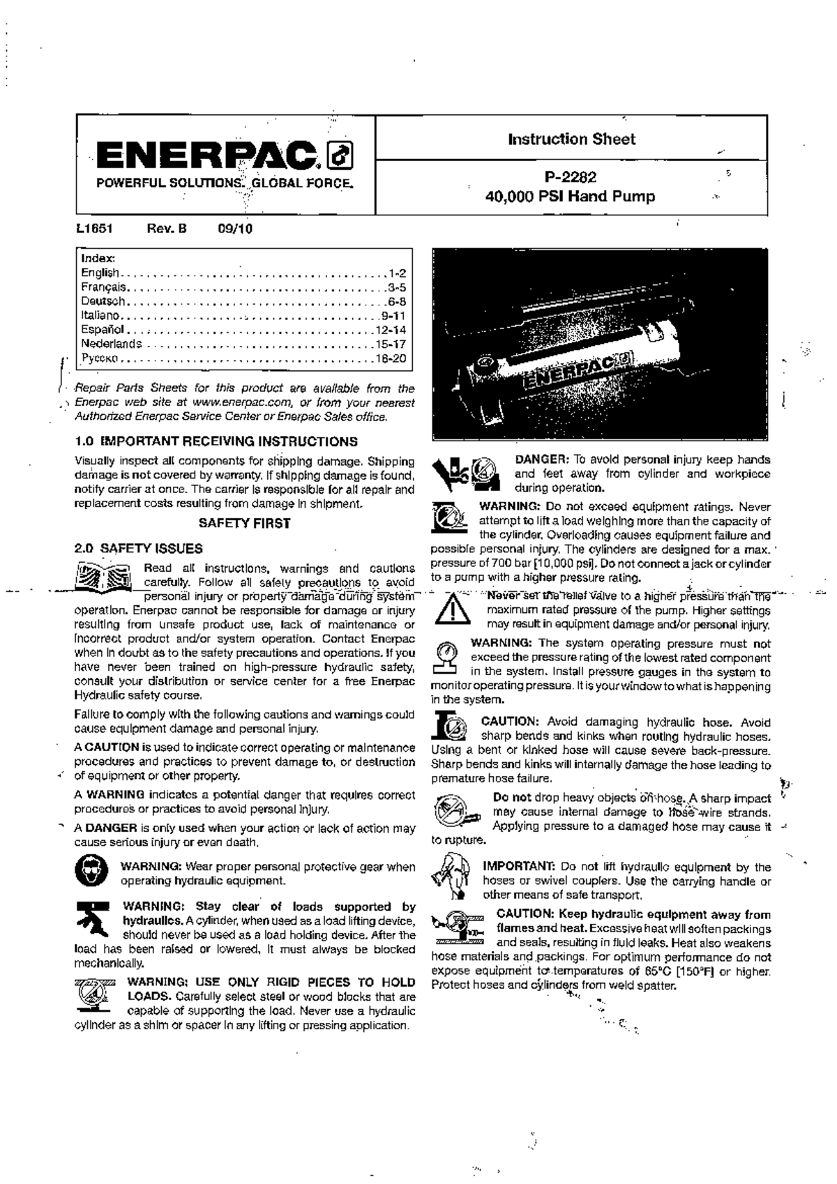Enerpac P-2282 Hand Pump Instruction Sheet: Safety & Operation Guide ...