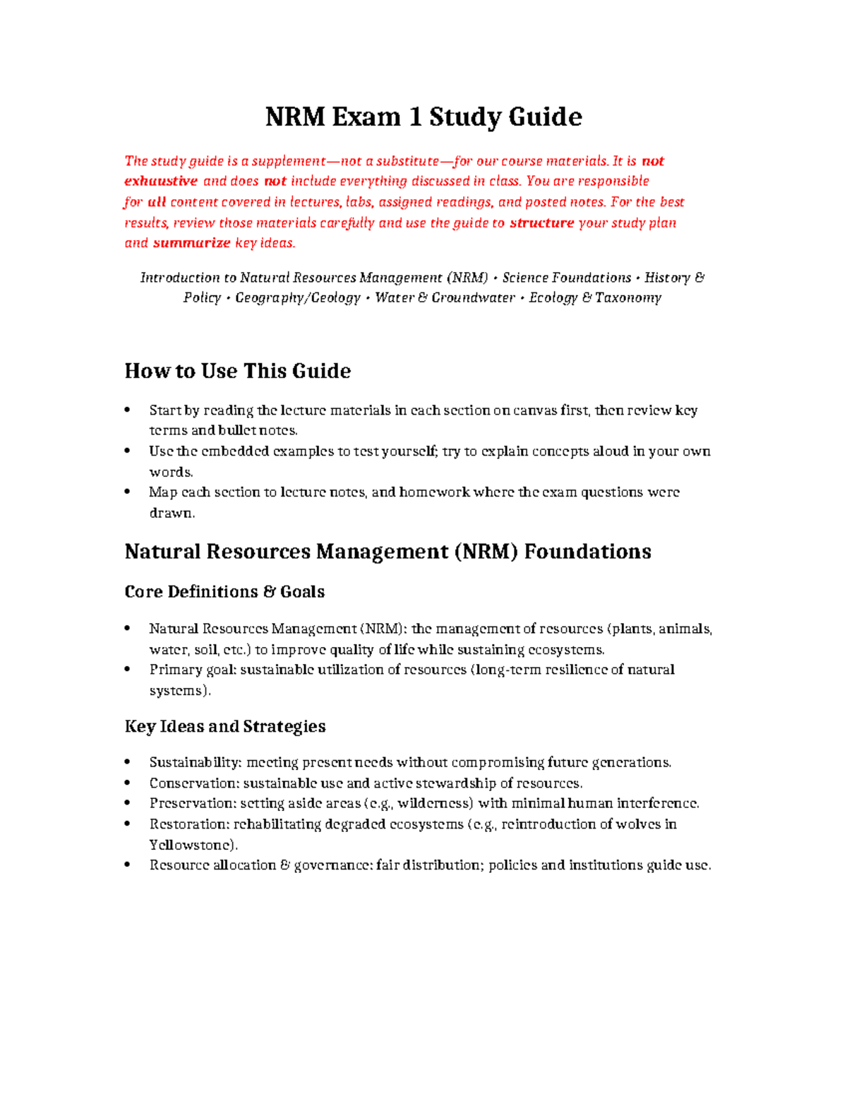 Nrm 101 Exam 1 Study Guide Key Concepts In Natural Resources