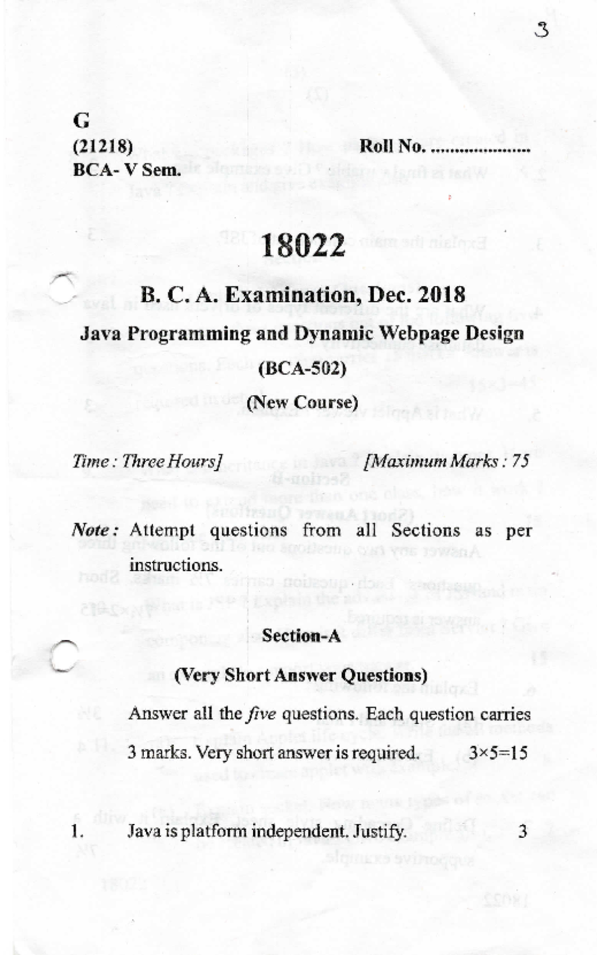 Dec 2018 New - last years question paper - 3 G (21218) BCA- V Sem. Roll No ...