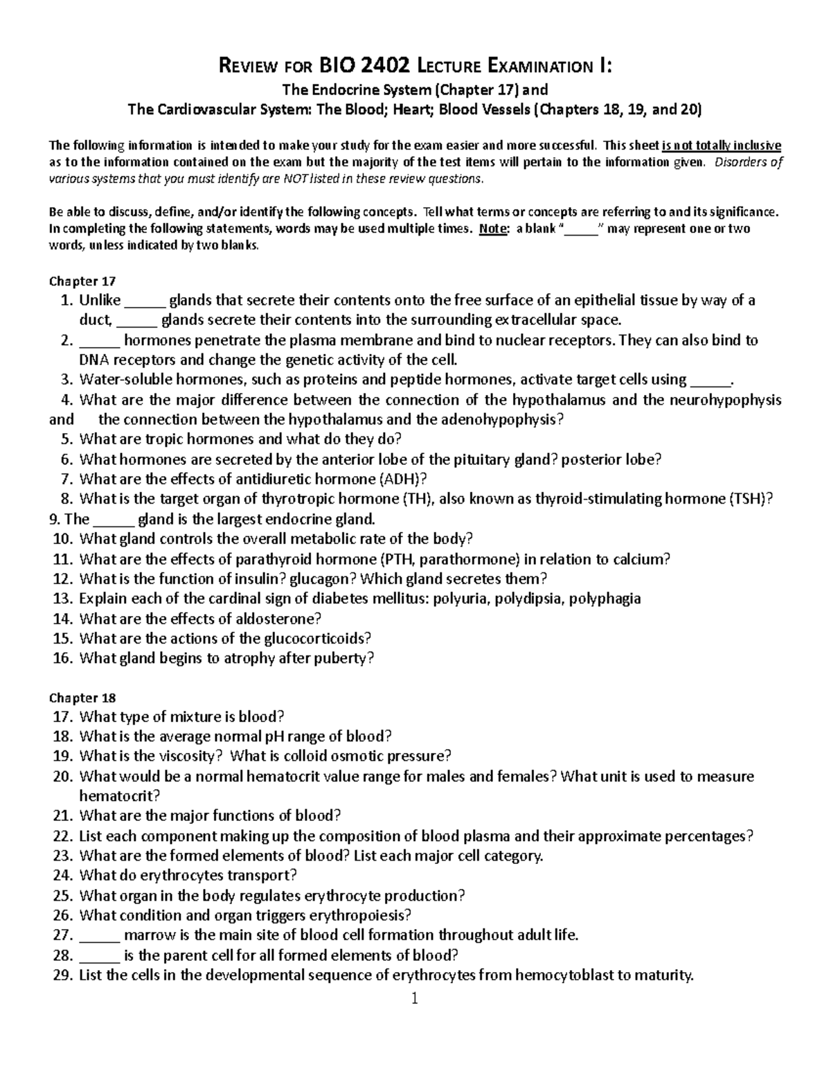 BIO 2402 Lecture Exam I Review: Endocrine & Cardiovascular Systems ...