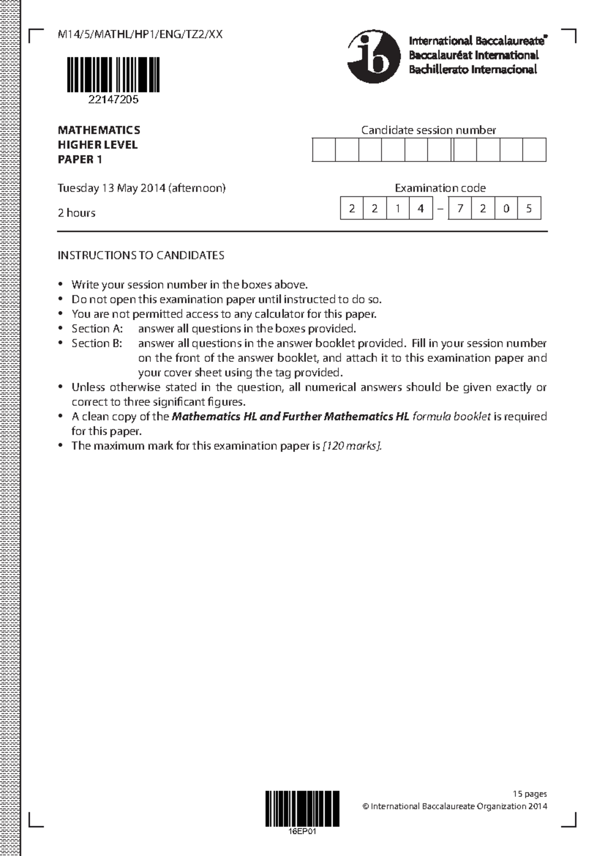 M14/5/MATHL/HP1/ENG/TZ2/XX - Practice Test for IB Math HL Paper 1 (May ...