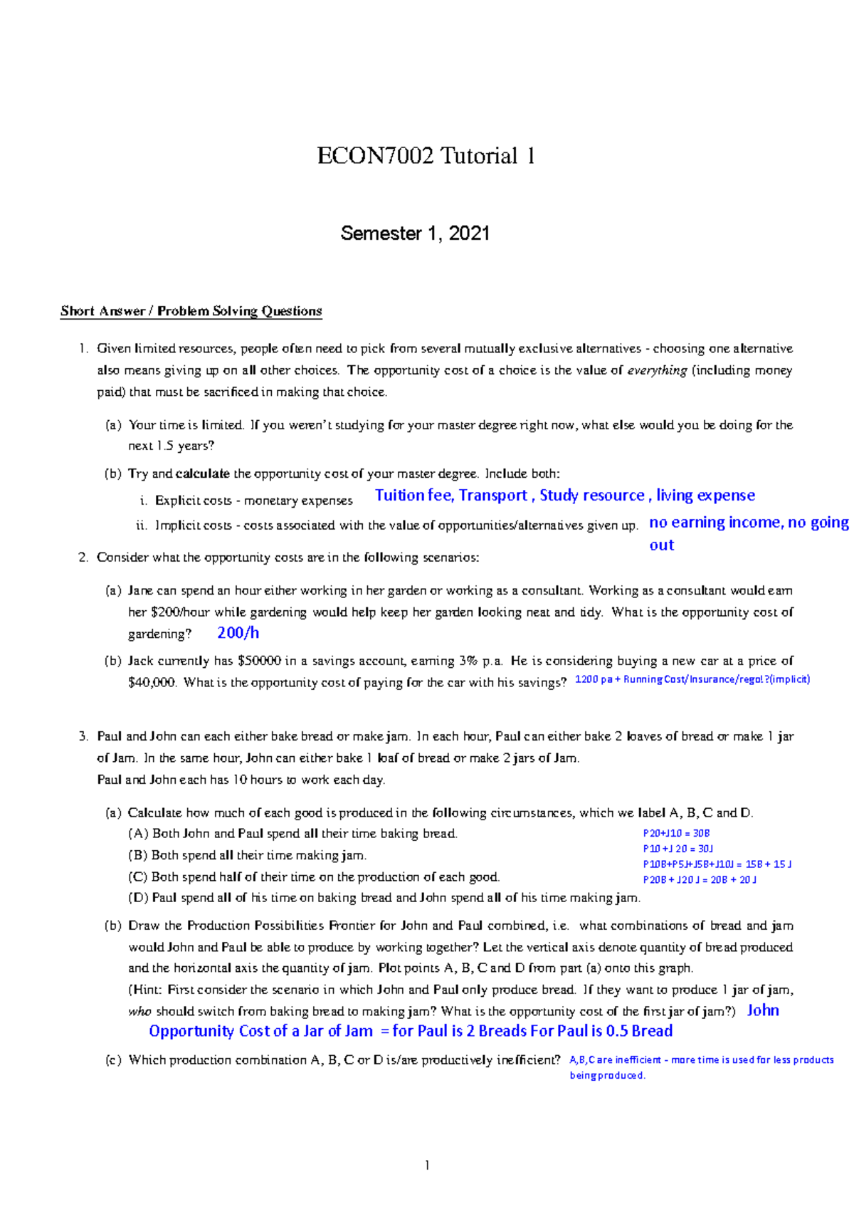 Tutorial 1 Questions - Lecture notes - ECON7002 Tutorial 1 Semester 2 ...
