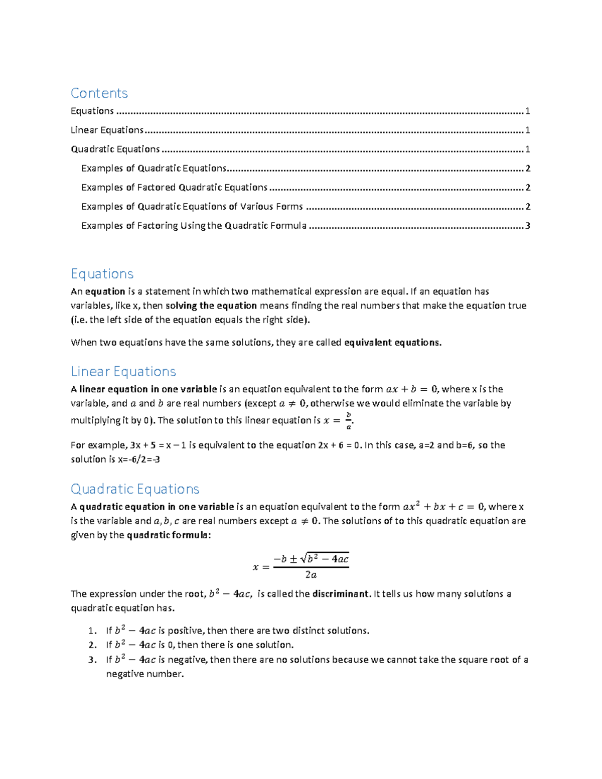 Linear and Quadratic Equations: Concepts and Examples - Studocu