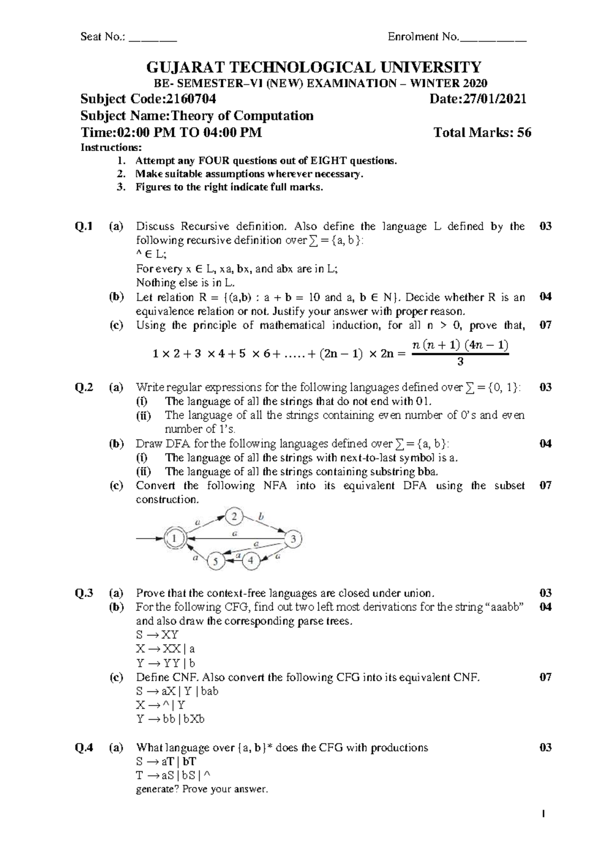 W2020-2160704-Theory of Computation Exam Paper - Studocu