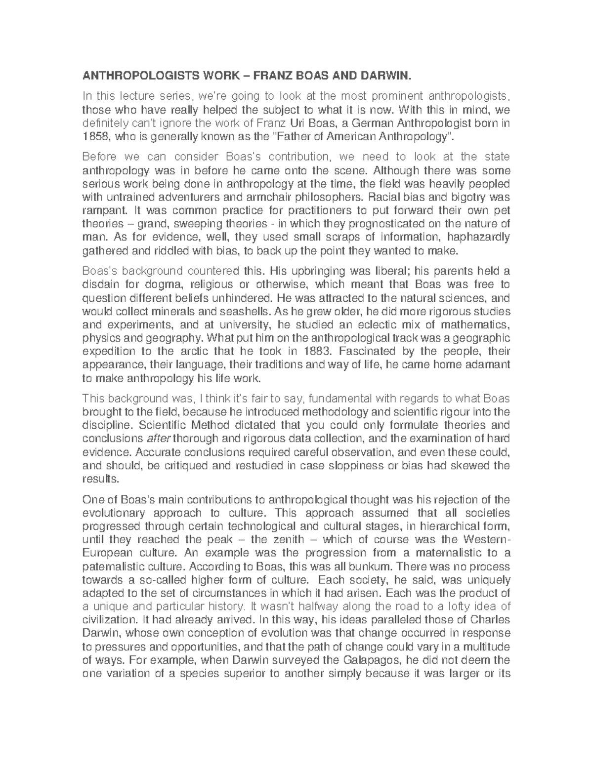 Reading anthropology - ANTHROPOLOGISTS WORK – FRANZ BOAS AND DARWIN. In ...