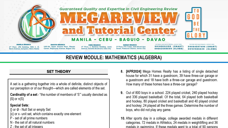 Review Module 01: Algebra - Set Theory and Word Problems - Studocu