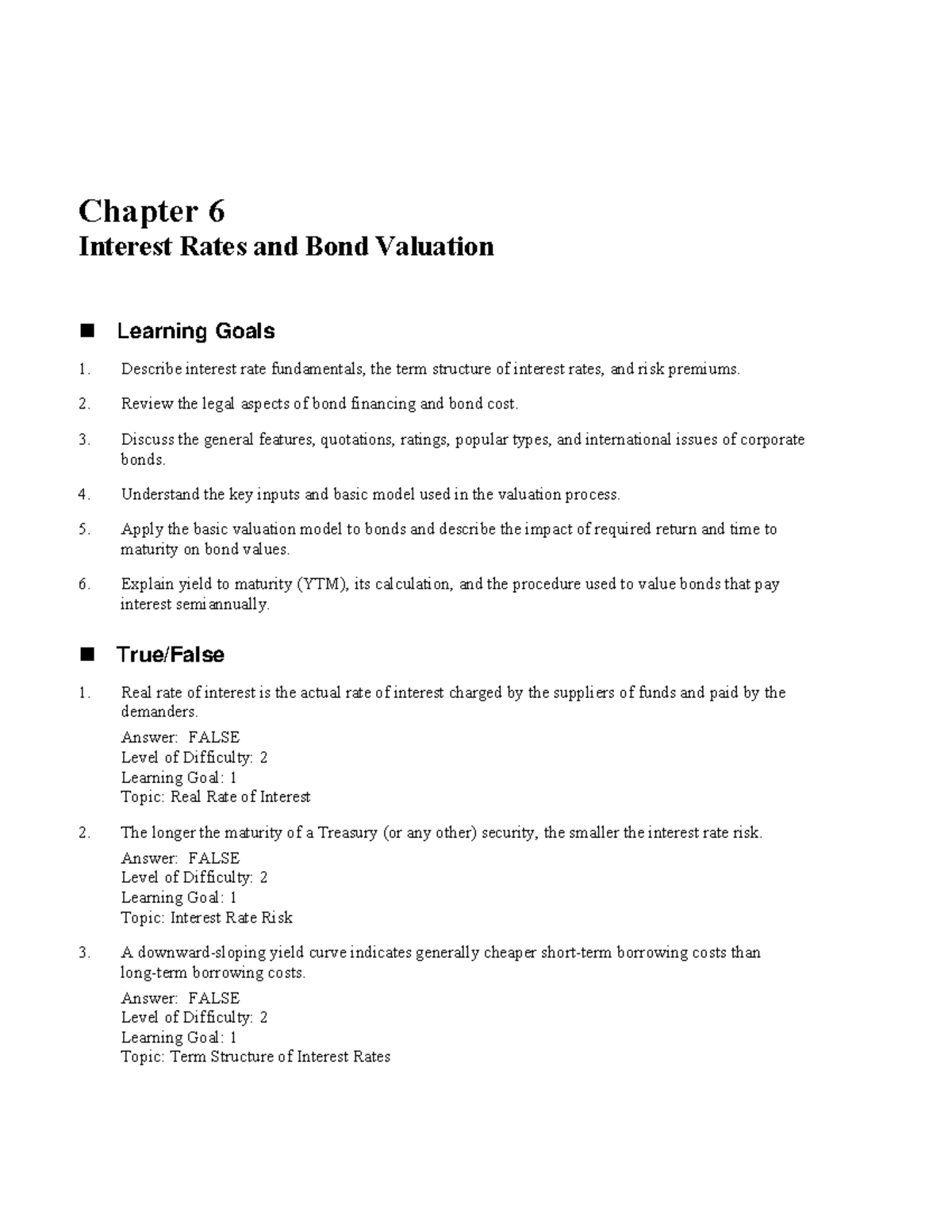 Chapter 6: Interest Rates & Bond Valuation - Learning Goals & Key ...