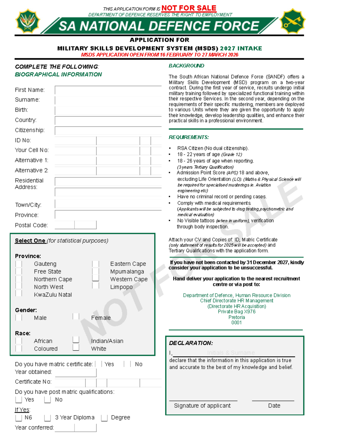 MSDS 2027 Employment Application Form for Military Skills Development ...