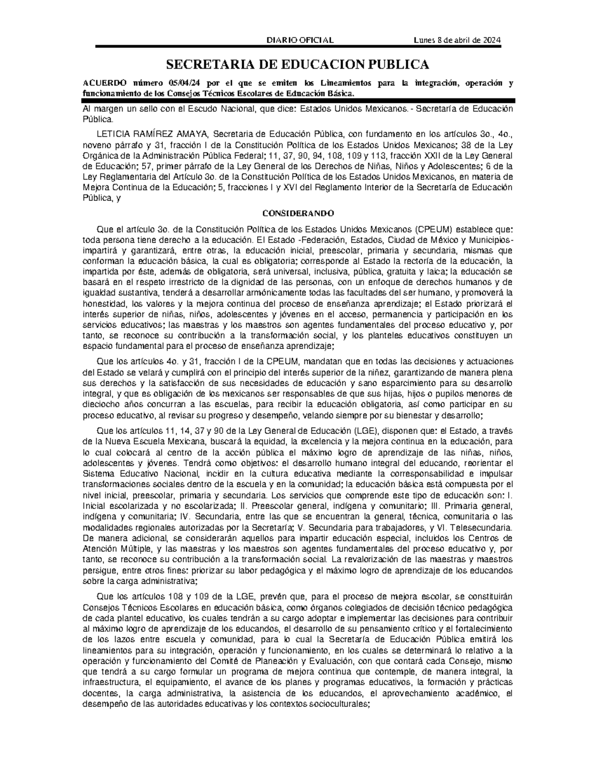 Acuerdo 05-04-24: Lineamientos para Consejos Técnicos Escolares - Studocu