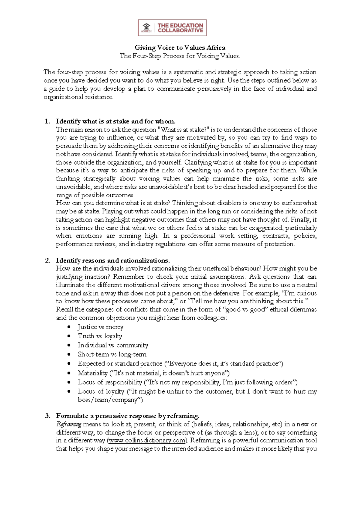 The+Four-Step+Process+for+Voicing+Values Handout+ - Giving Voice to ...