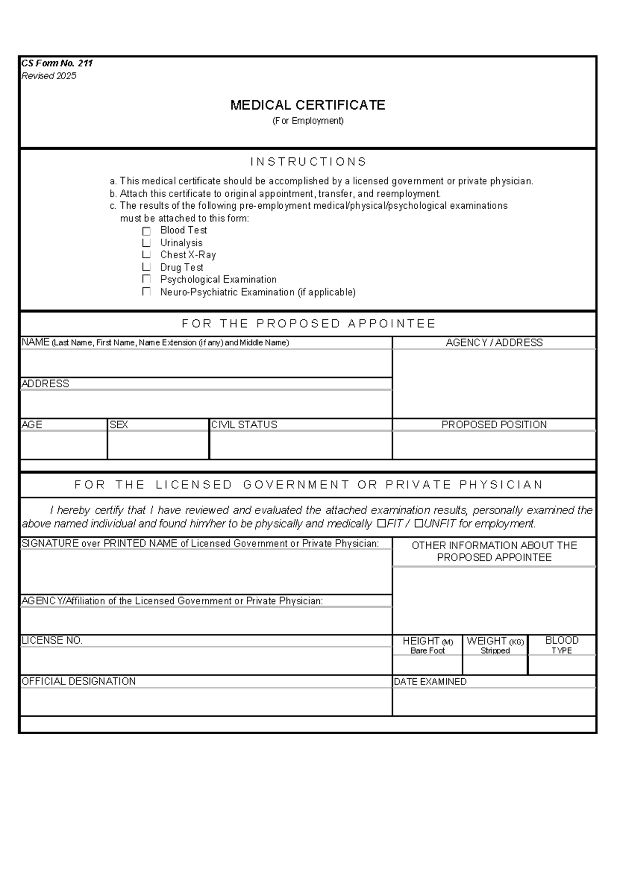 CS Form No. 211 - Revised 2025 Medical Certificate for Employment - Studocu