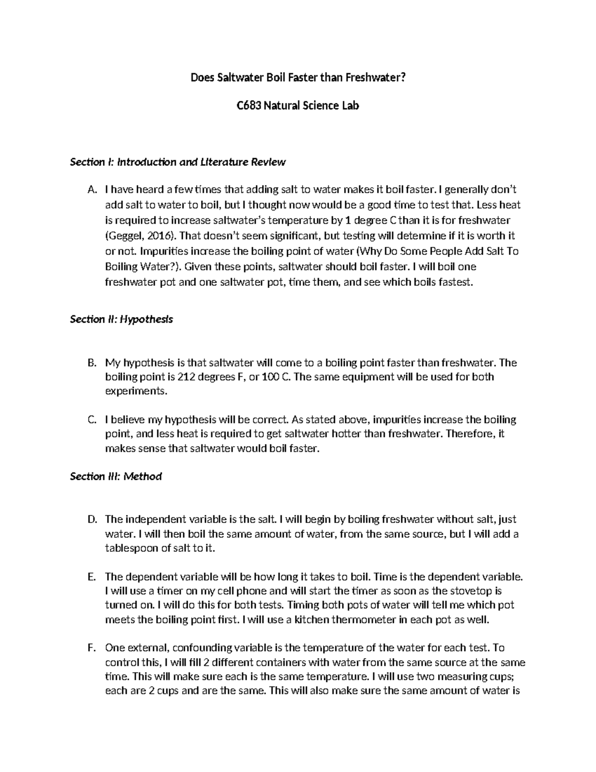 C683 Natural Science Lab: Saltwater vs. Freshwater Boiling Experiment - Studocu