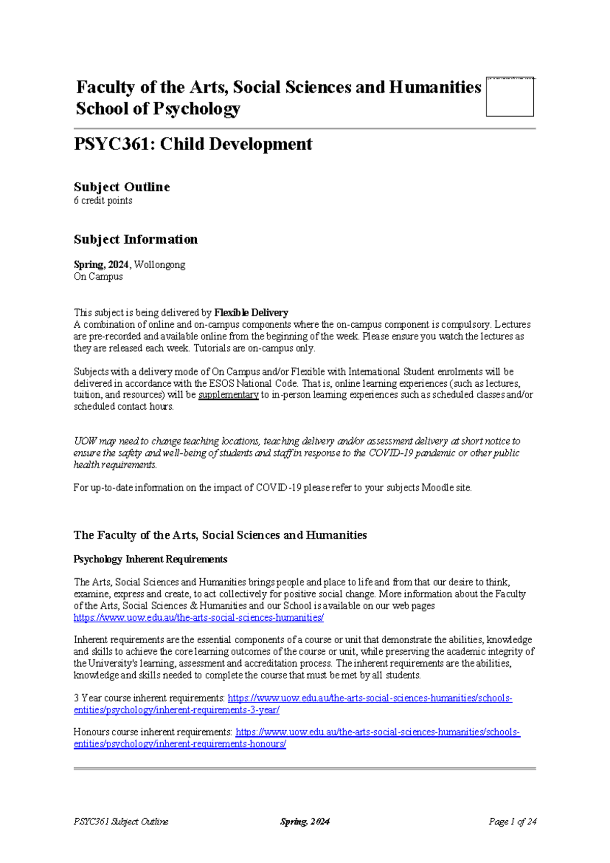 PSYC361 Child Development Subject Outline & Lecture Information 2024 ...