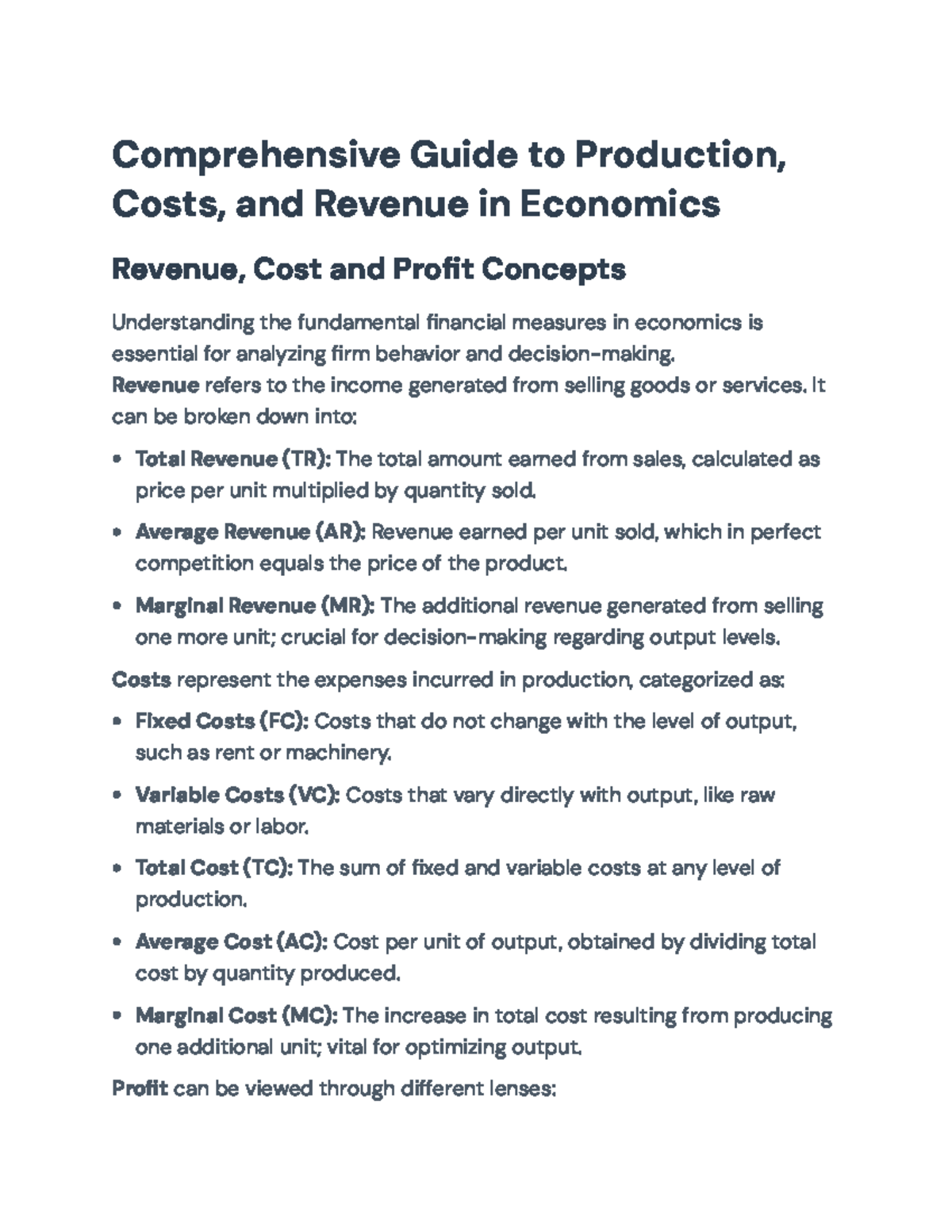 Comprehensive Guide to Production, Costs, and Revenue Analysis in Econ ...