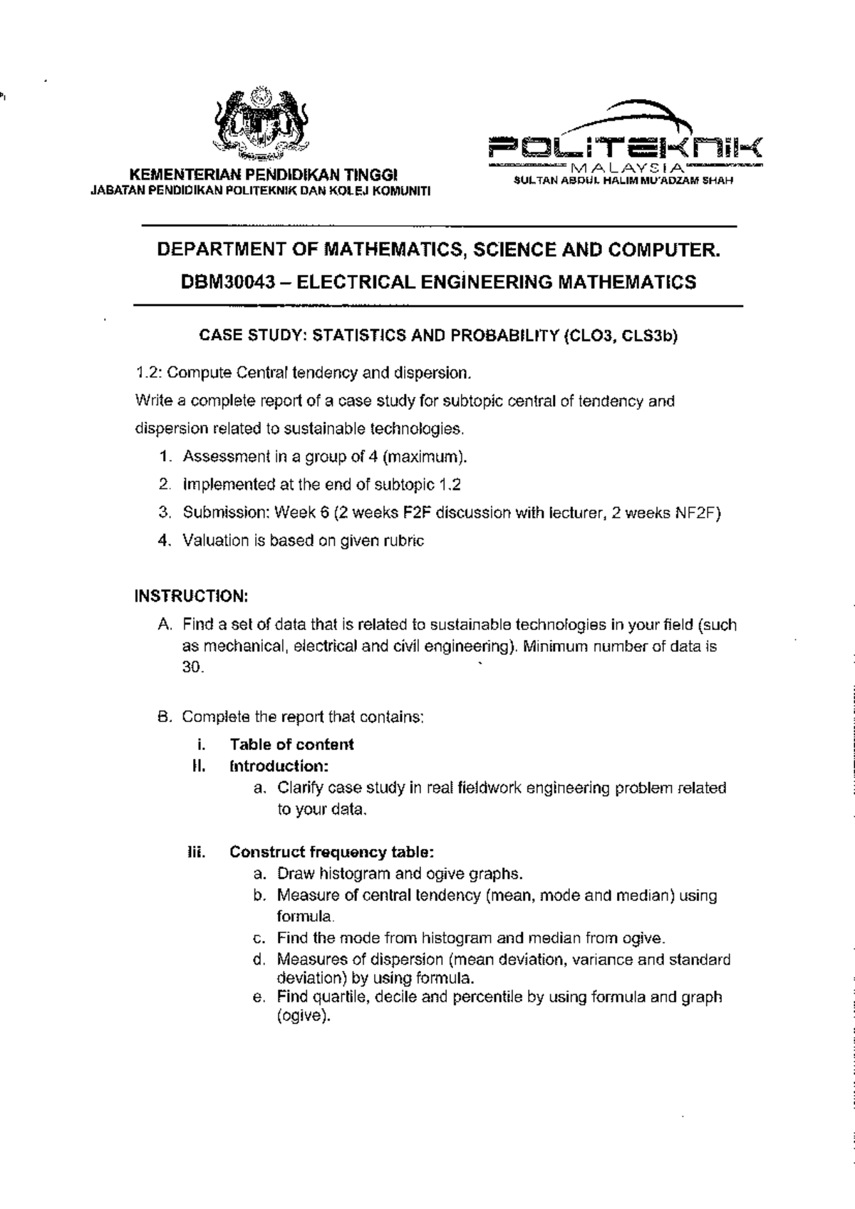 DBM30043 Case Study on Central Tendency and Dispersion in Engineering ...
