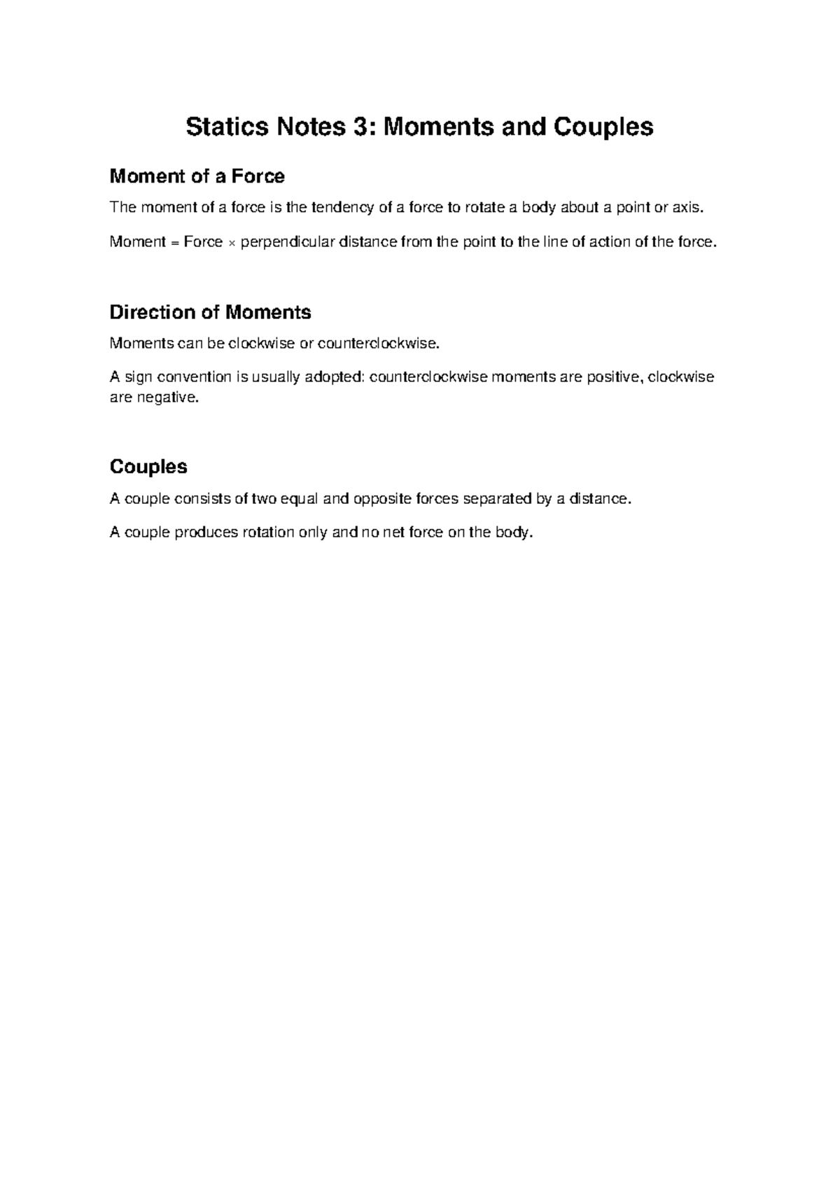 Statics Notes 3 Moments and Couples - Statics Notes 3: Moments and ...