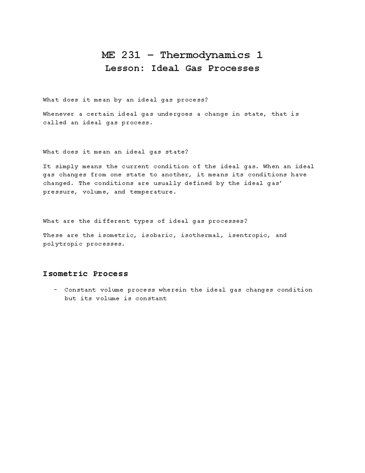 Lesson 1b Ideal Gas Processes - ME 231 – Thermodynamics 1 Lesson: Ideal ...