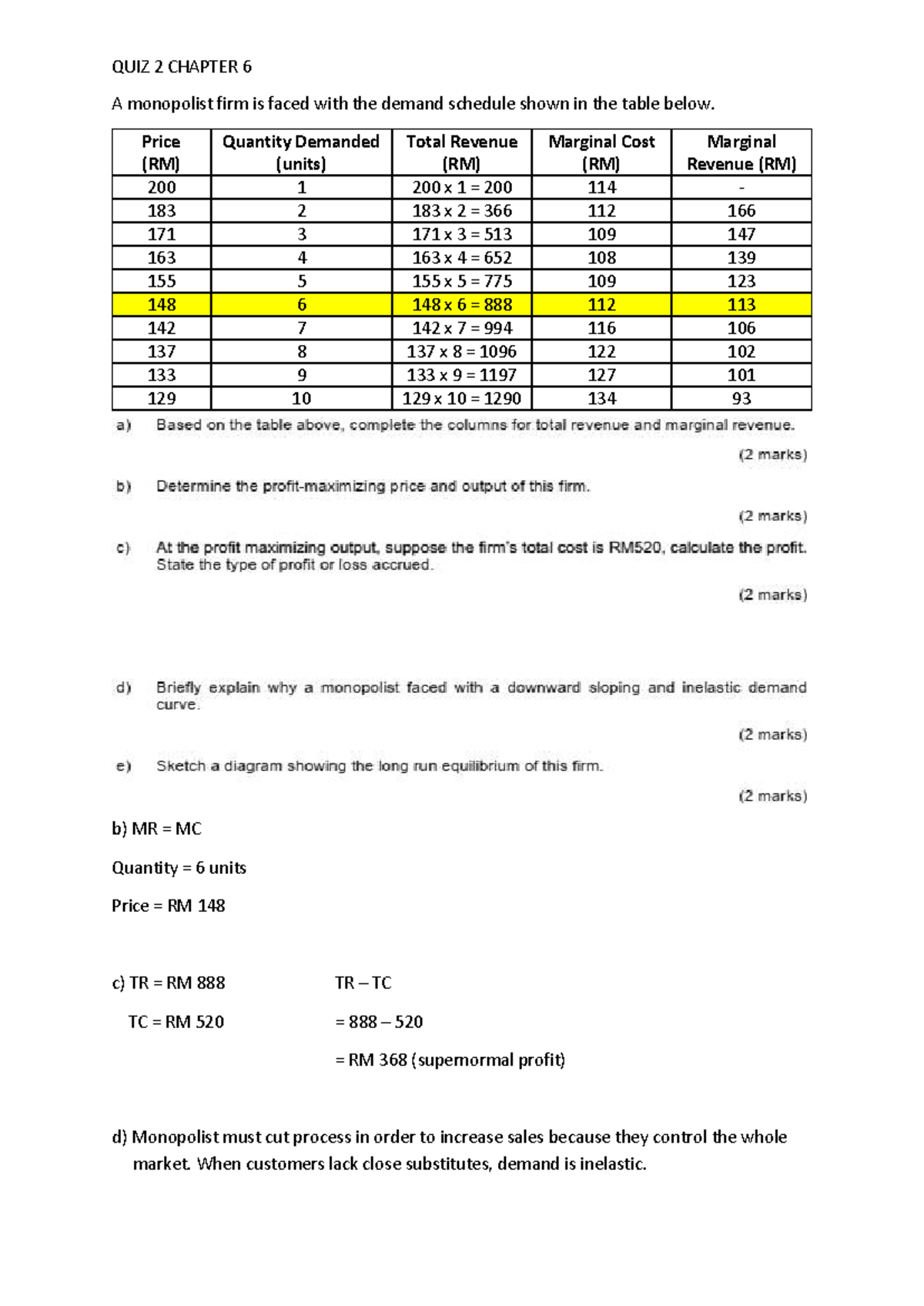 QUIZ 2 (Chapter 6) - Monopolist Demand and Revenue Analysis - Studocu