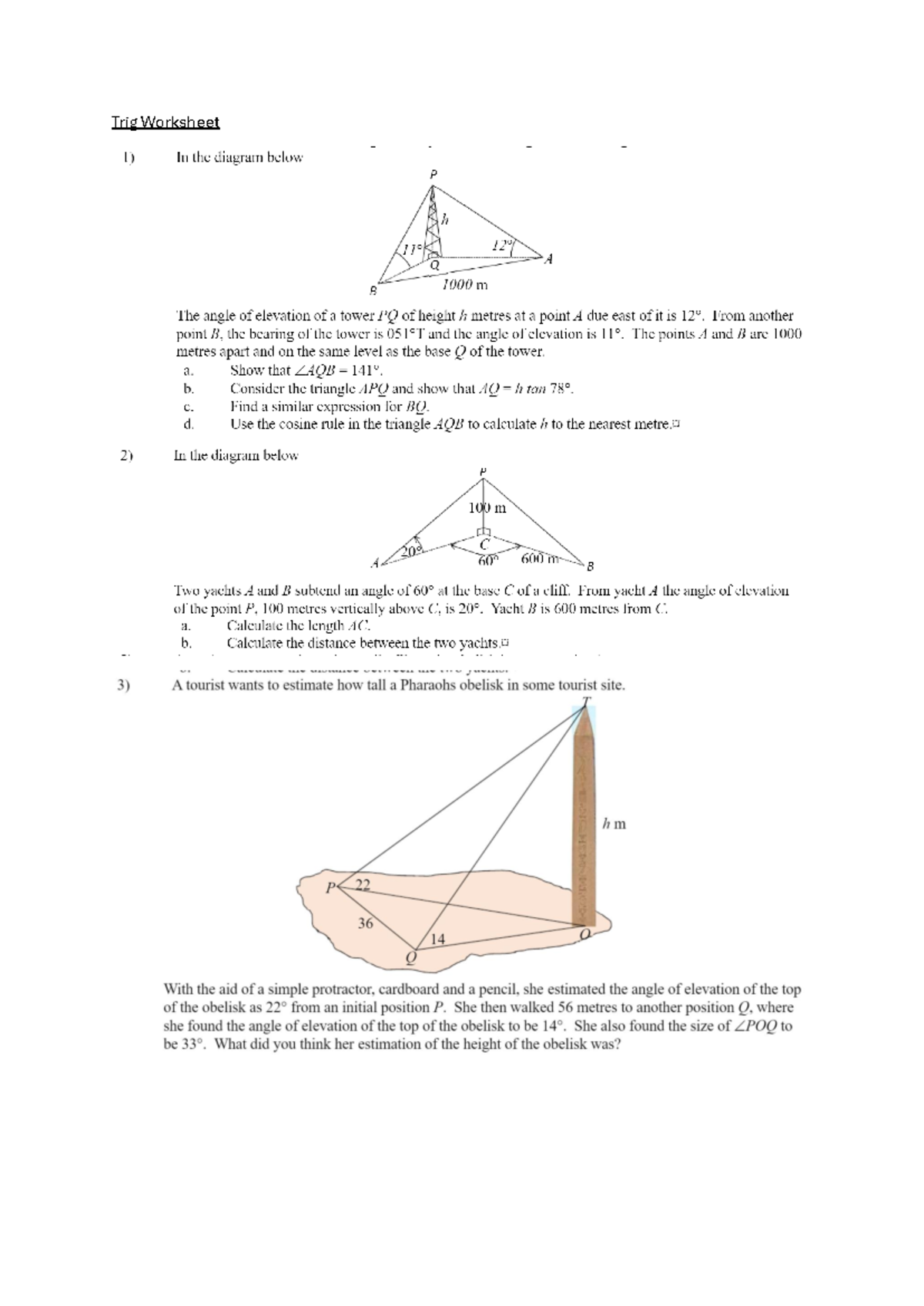 Trig Worksheet - Challenging questions. - Trig Worksheet 1) In the ...