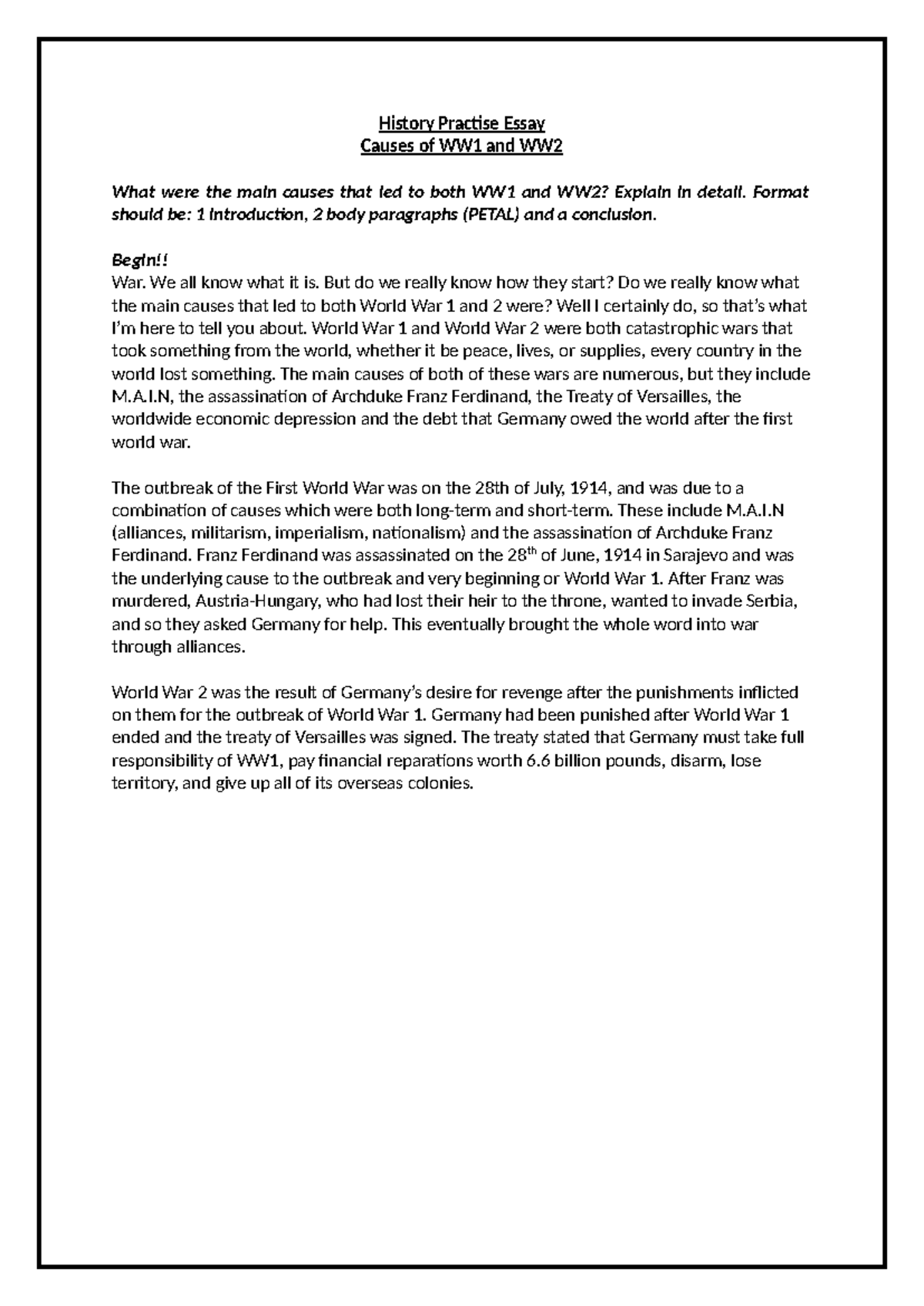 History Exam Essay Practise: Causes of WW1 and WW2 Explained - Studocu
