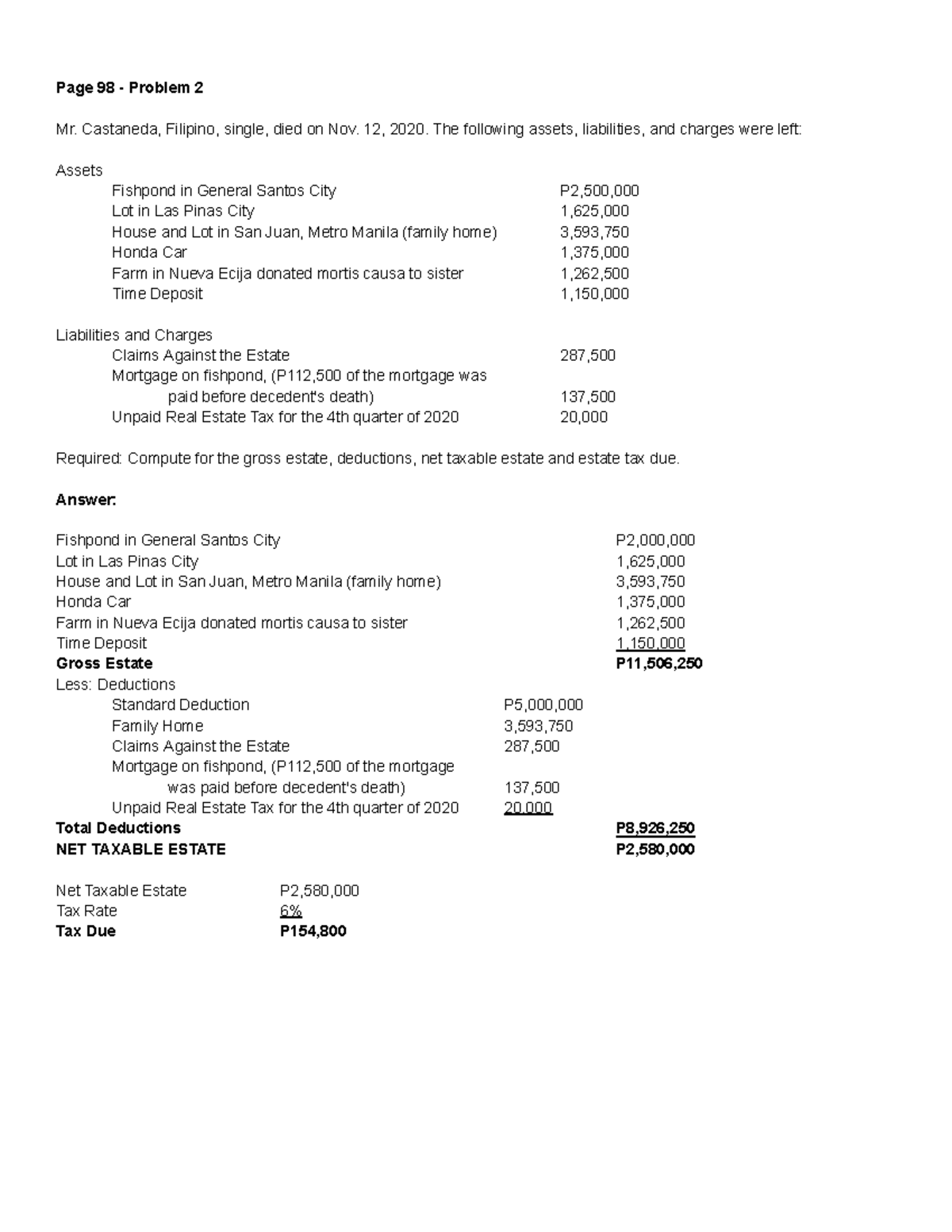 Estate Tax Computation Problems and Solutions (Ilide Notes) - Studocu