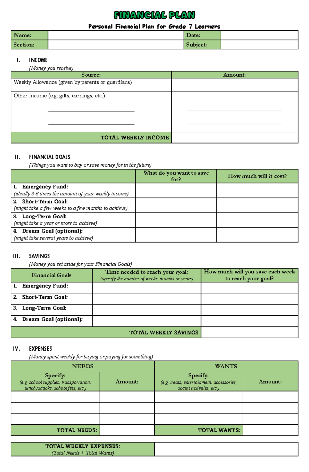 Personal Financial Plan for Grade 7 Learners - Complete Guide - Studocu