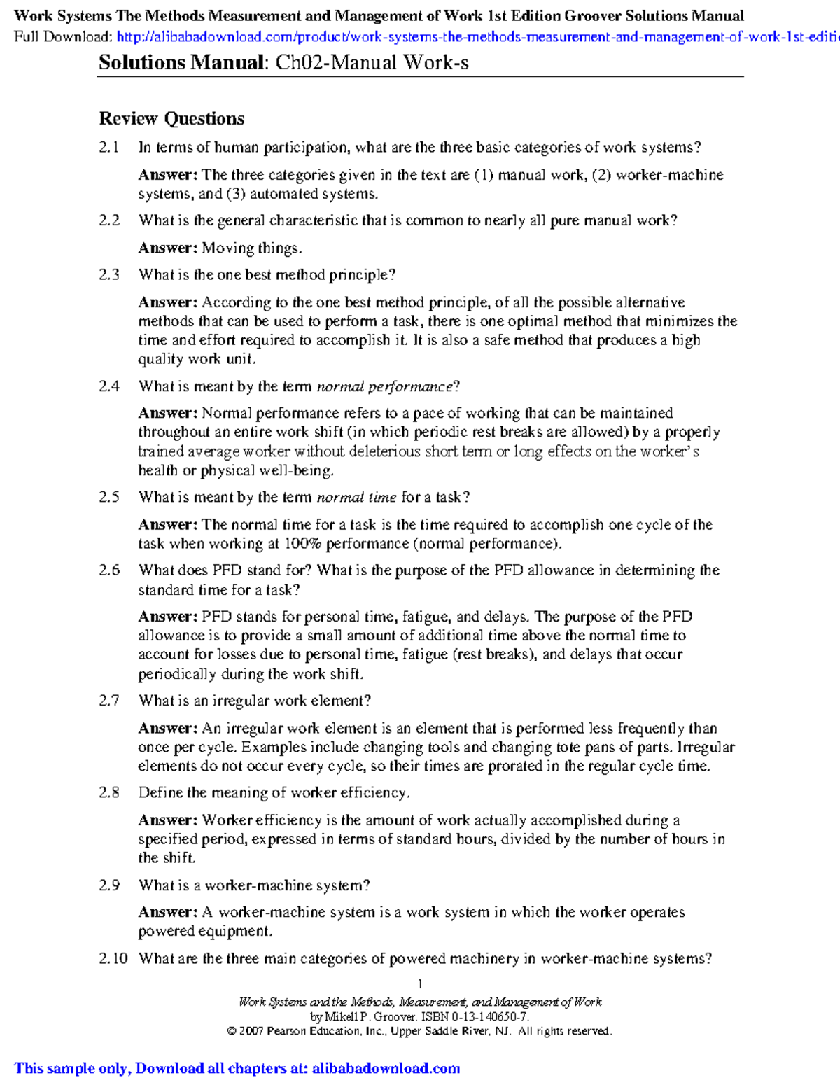 Work Systems and Measurement Management: Solutions Manual for CH02 ...