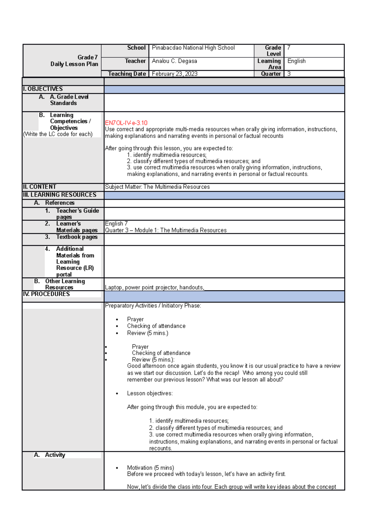 DLP G7 Module 1 - A lesson plan - Grade 7 Daily Lesson Plan School ...