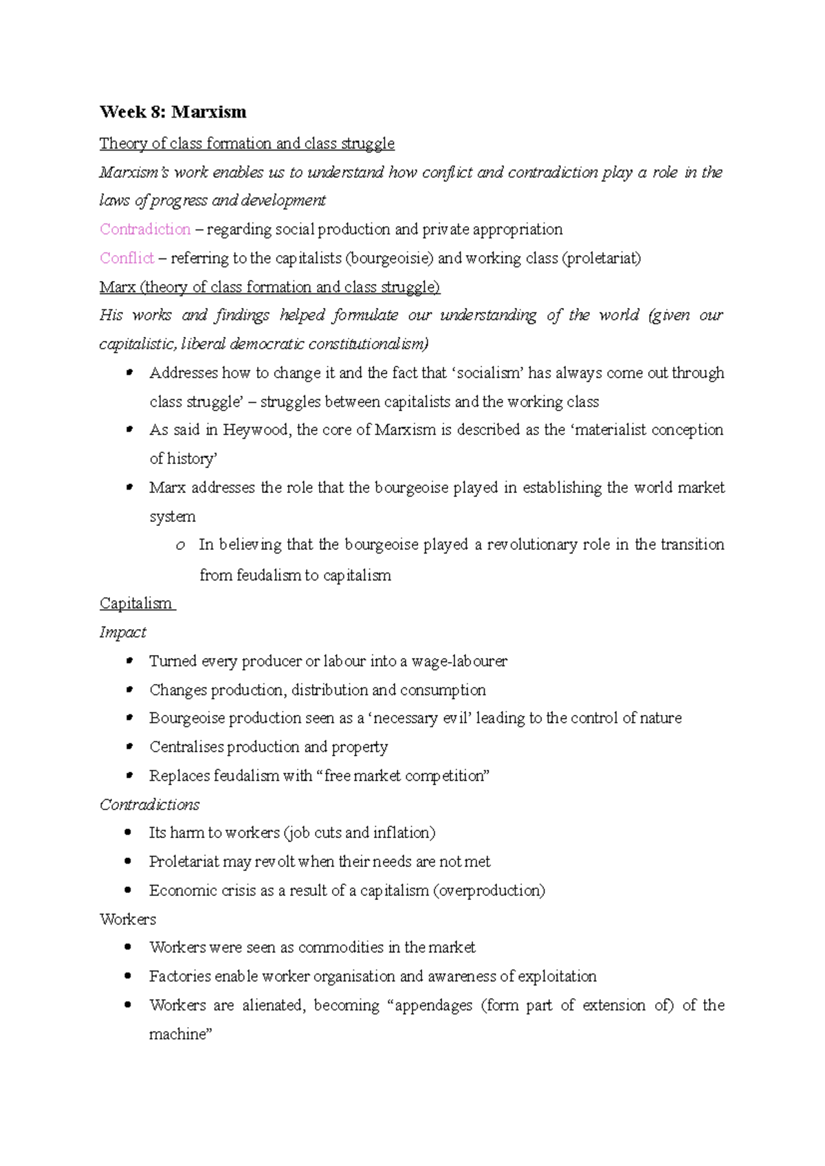 Week 8: Marxism Theory of Class Struggle and Social Change Notes - Studocu
