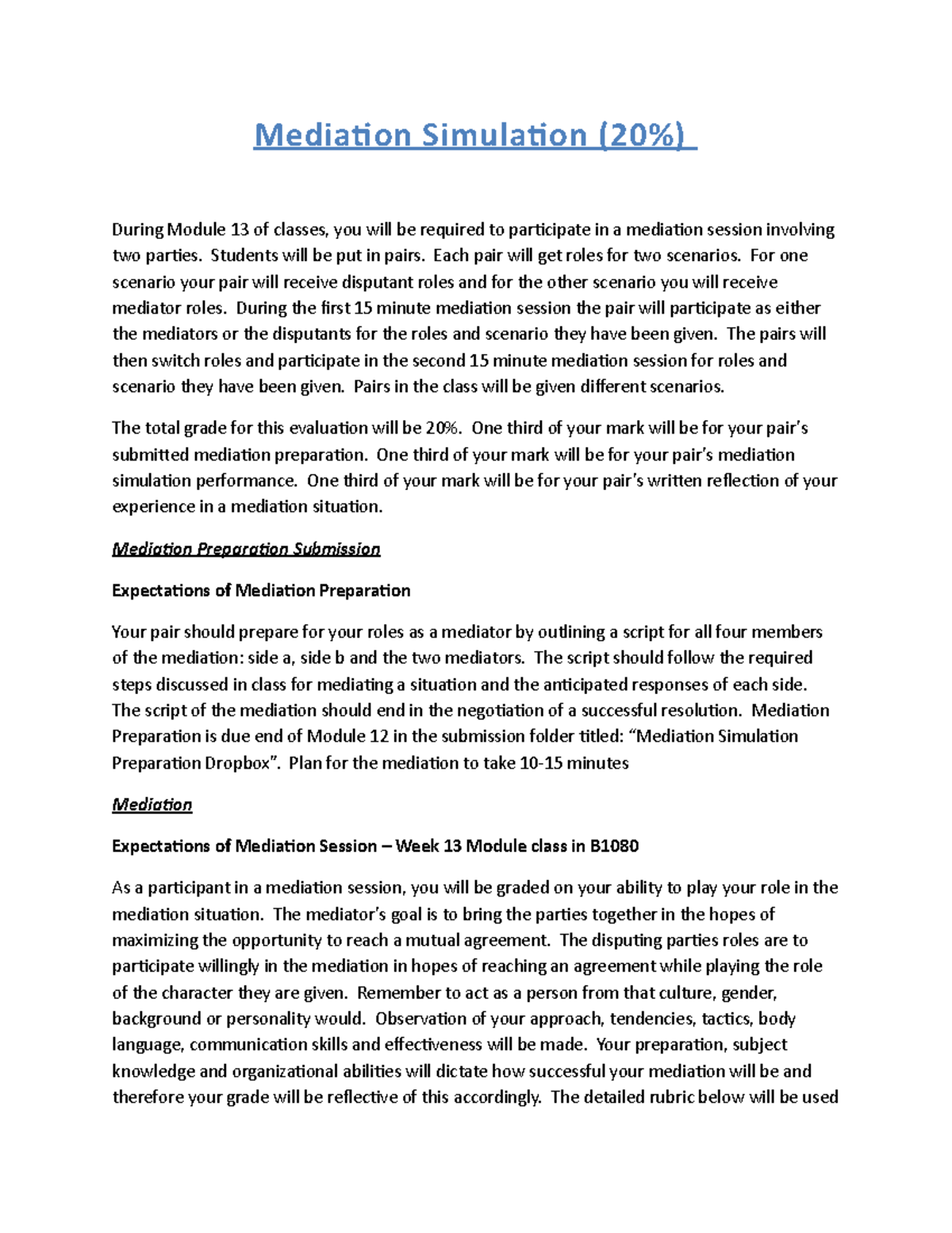 Mediation Simulation Assignment (Module 13) - Guidelines & Expectations ...