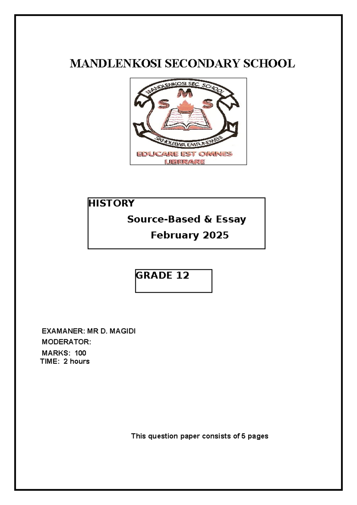 History Grade 12 Term 1 Feb Test 2025 QP - Source-Based & Essay - Studocu
