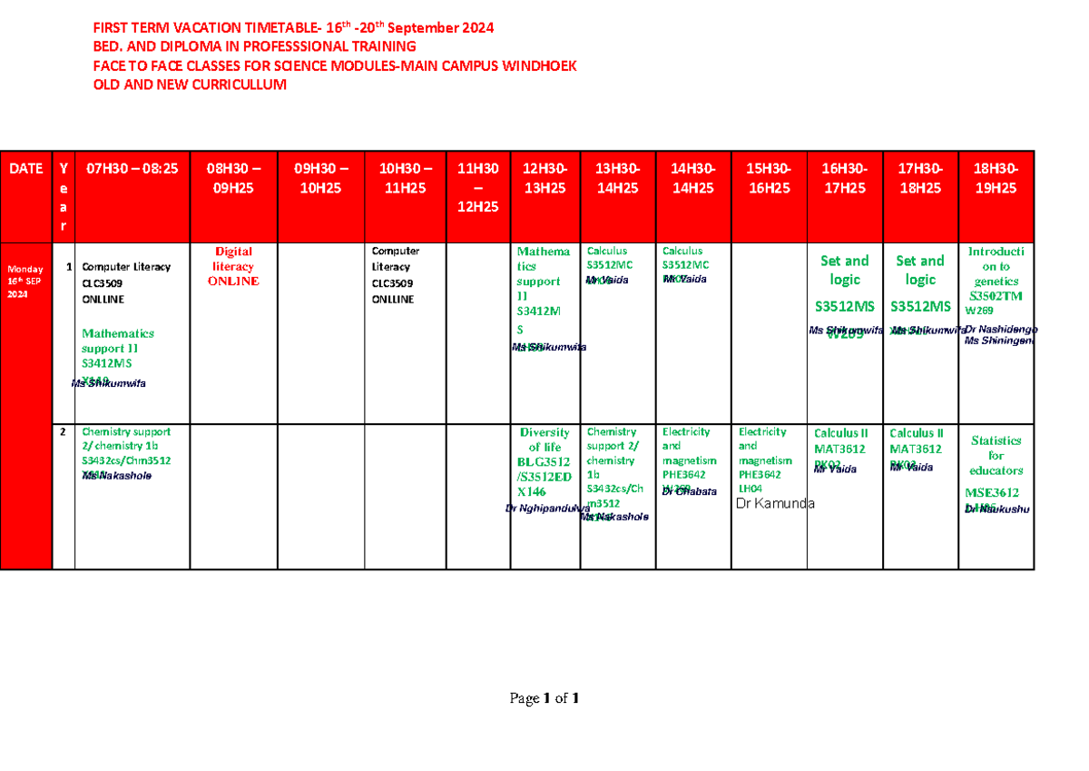 2024 Final Vacation Timetable for Science Modules - HP Campus - Studocu