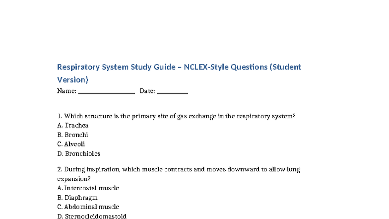 Respiratory System Study Guide Questions (Course Code: RSPT 101) - Studocu