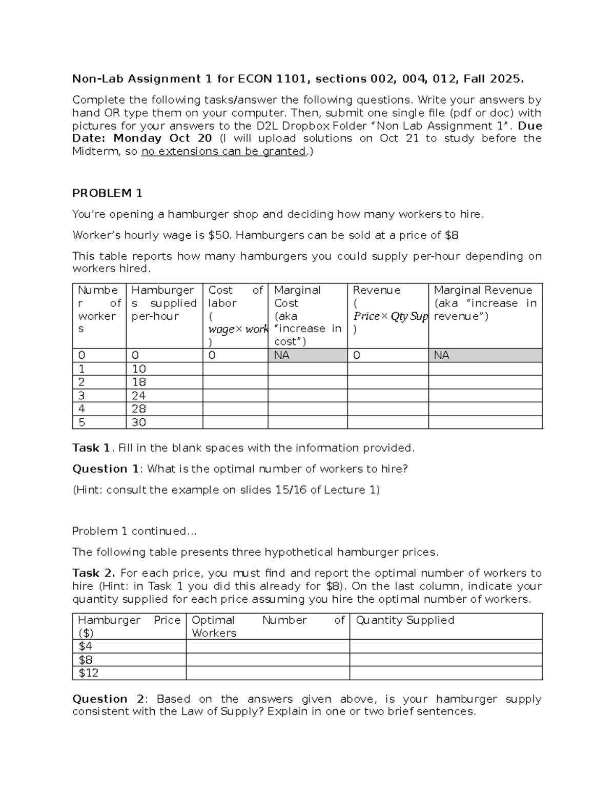 ECON 1101 Non-Lab Assignment 1: Hamburger Market Analysis - Studocu