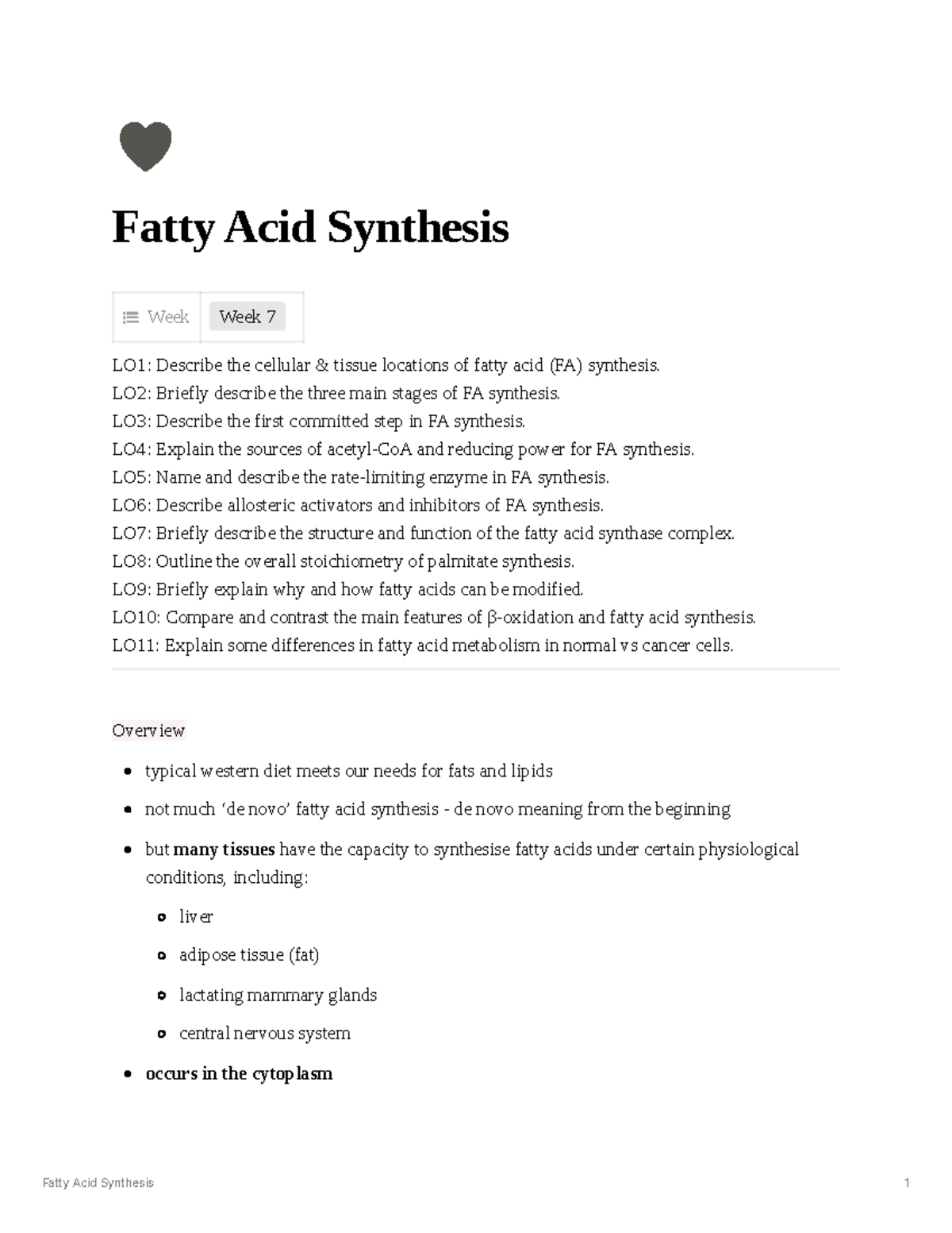Fatty Acid Synthesis - Notes from lecture slides - Fatty Acid Synthesis ...