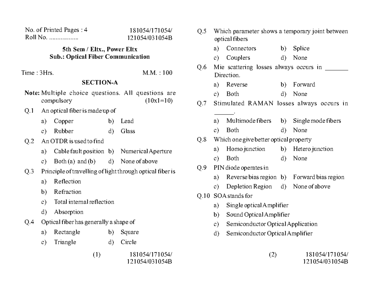 Optical Fiber Communication Quiz - 5th Sem Eltx. (Jan 2024) - Studocu