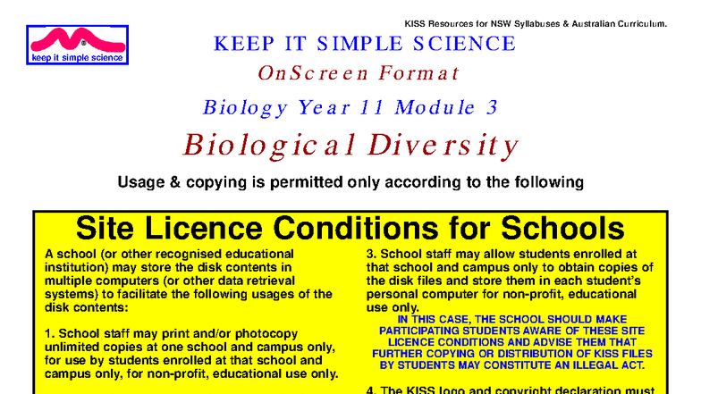 KISS Resources for NSW Syllabuses: Biology Year 11 Module 3 Notes - Studocu