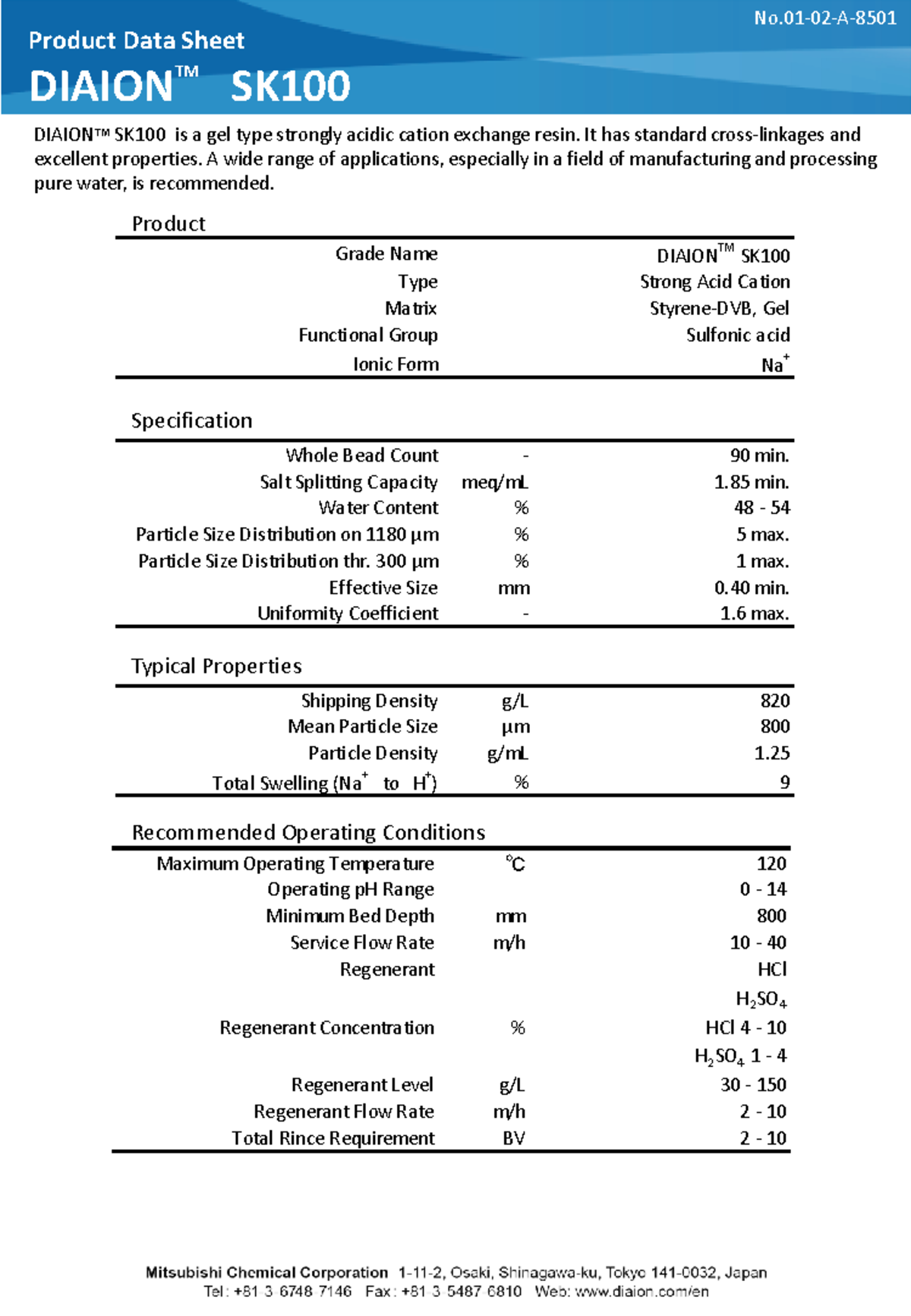 SPEC Ion Exchange Resin SK100 Product Data Sheet - Product Data Sheet DIAION TM SK DIAIONTM ...