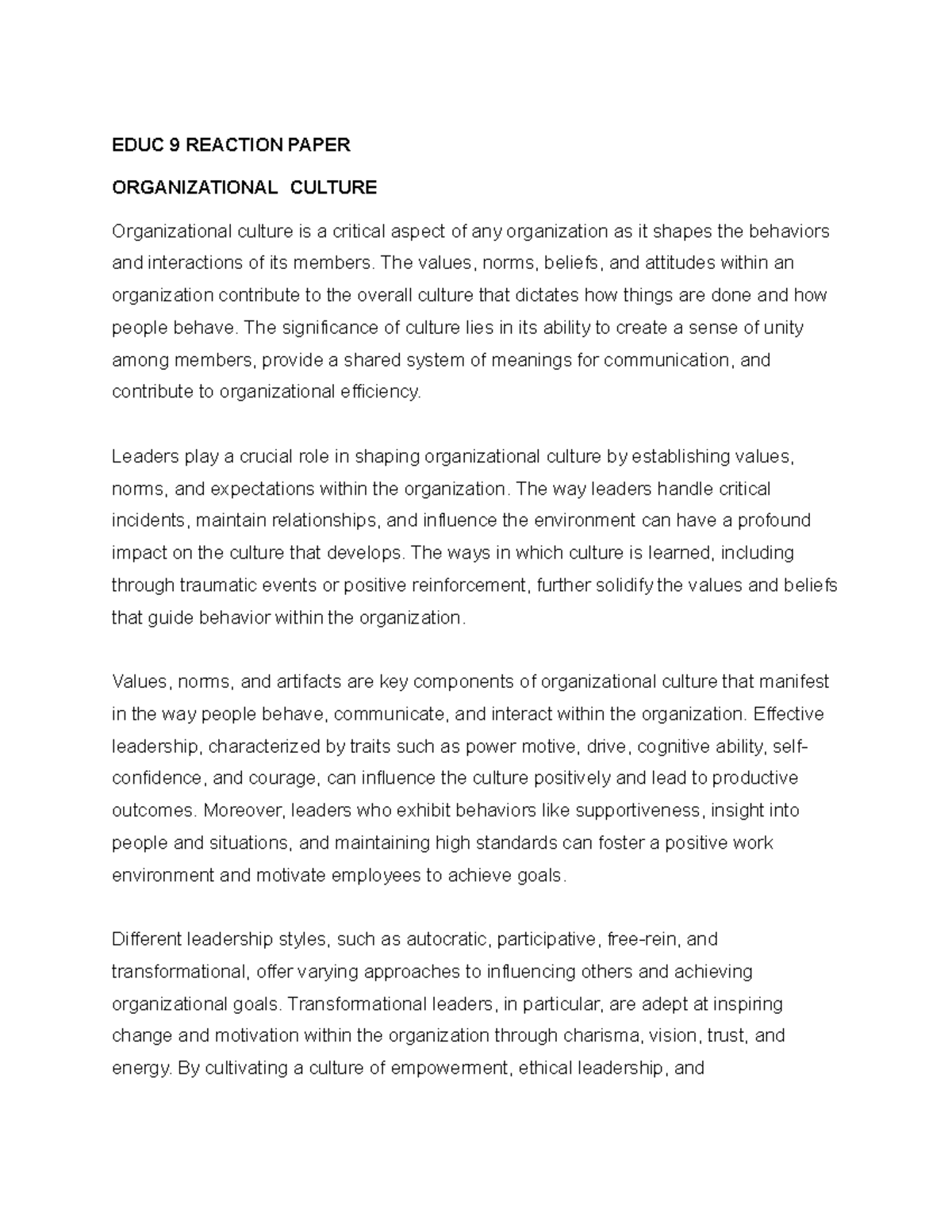 EDUC 9 Final Reaction Paper on Organizational and School Culture - Studocu