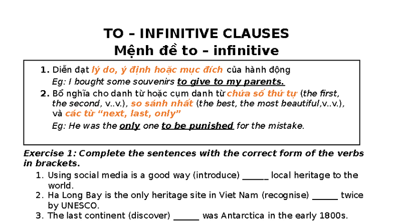 Grammar Exercise: To Infinitive Clauses and Perfect Participles - Studocu