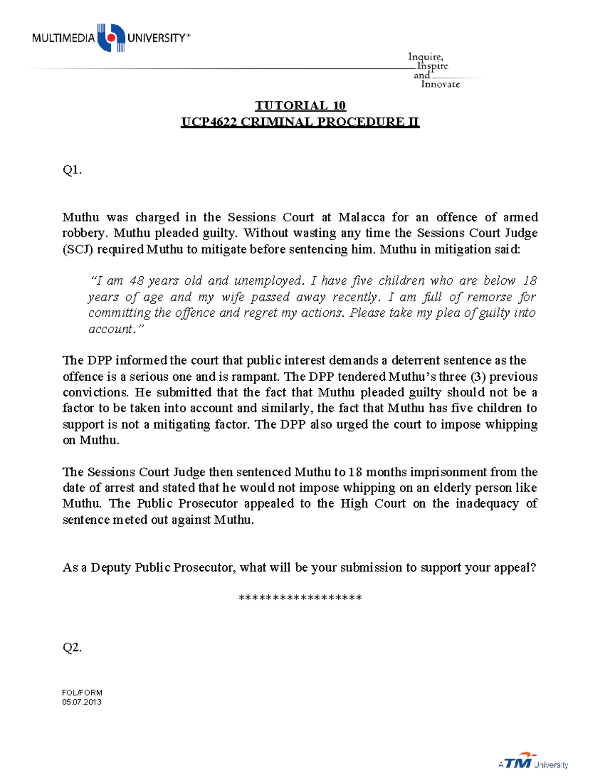 Tutorial 10 UCP4622 Criminal Procedure II: Sentencing Analysis & Case ...