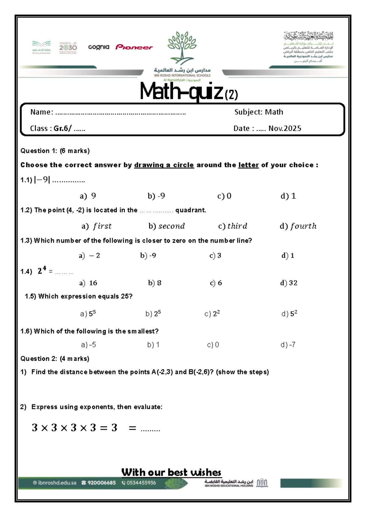 Gr.6 Math Quiz 2 - Questions and Answers - Studocu