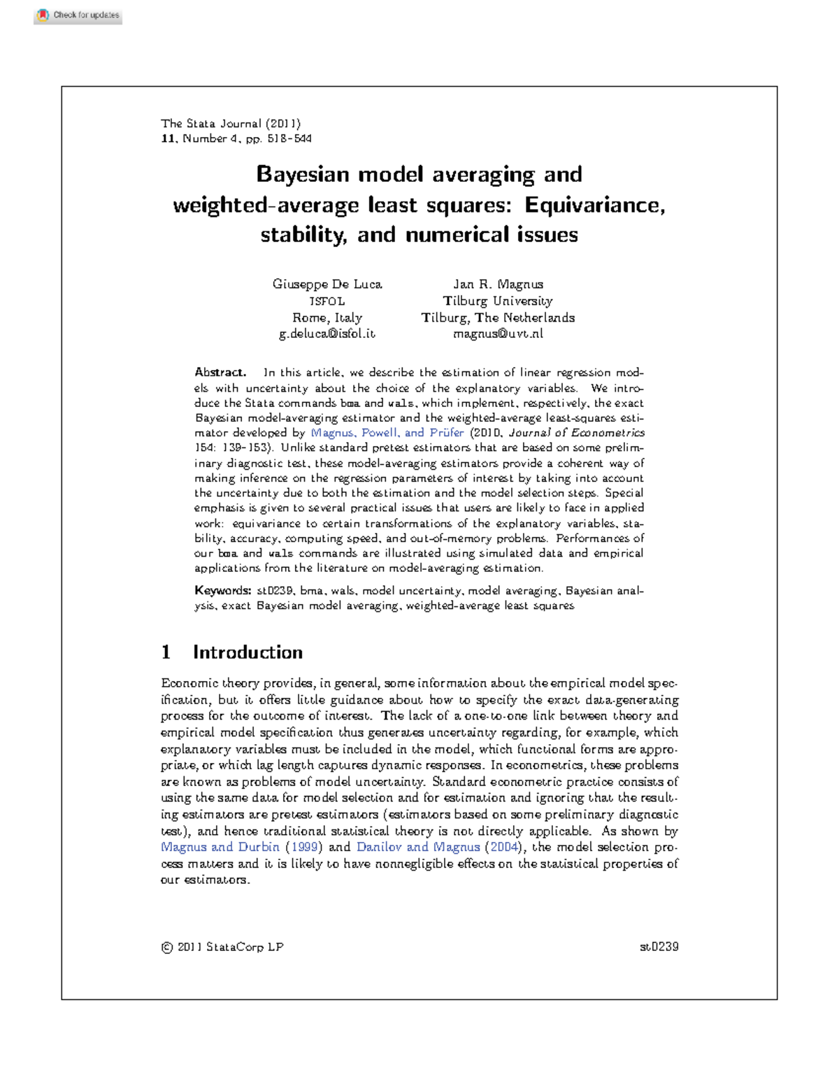 Bayesian Model Averaging & Weighted-Average Least Squares Analysis ...