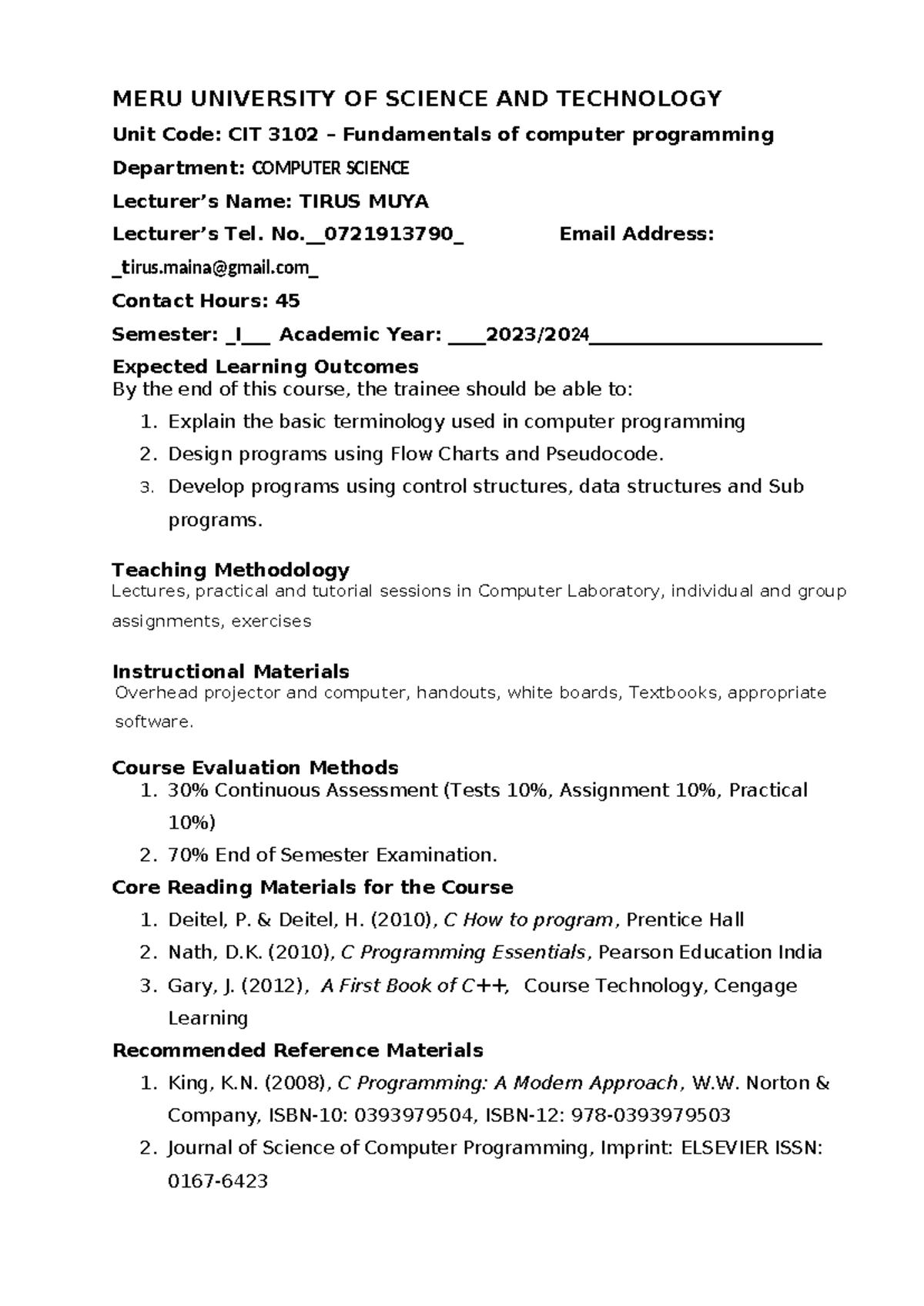 CIT 3102 Fundamentals of computer programming course outline - MERU ...
