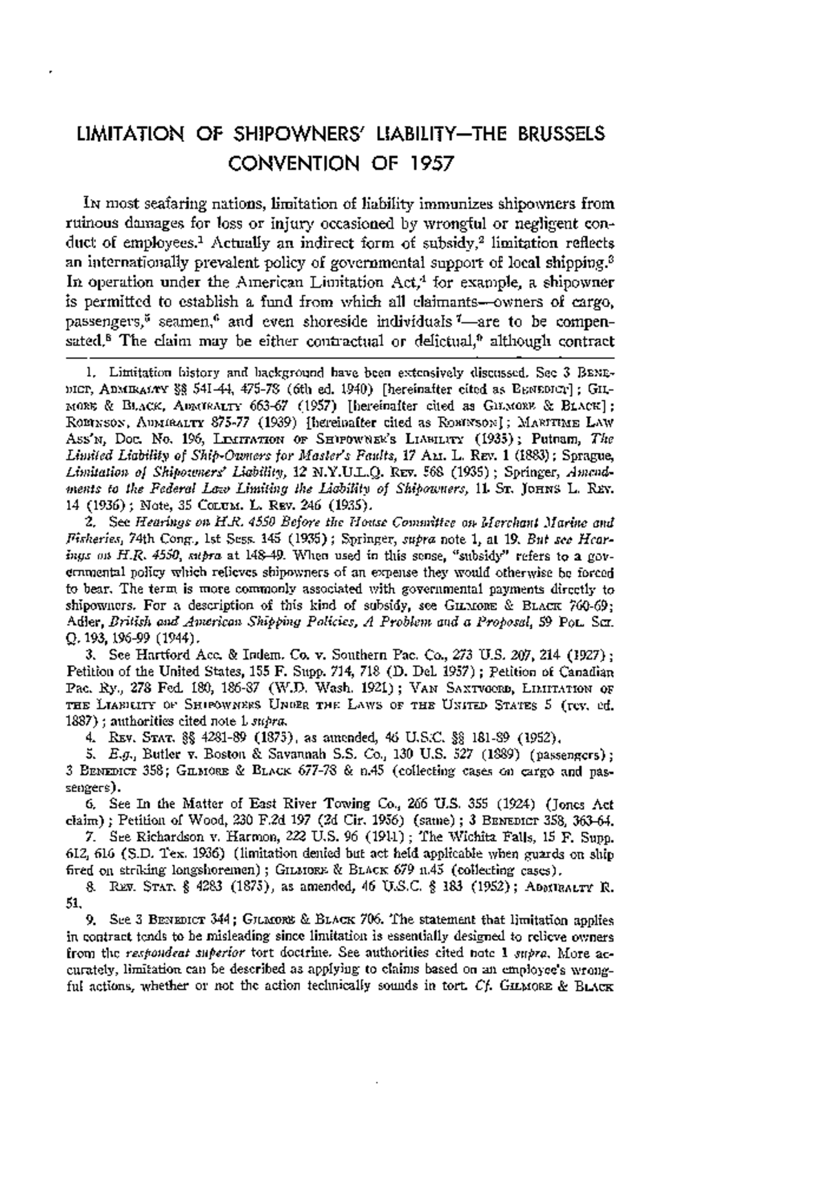 "Analysis of the 1957 Brussels Convention on Limitation of Liability ...
