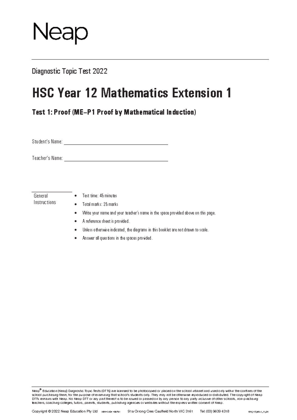HSC Year 12 Math Ext 1 DTT 2022 Test 1: Proof by Induction Review - Studocu